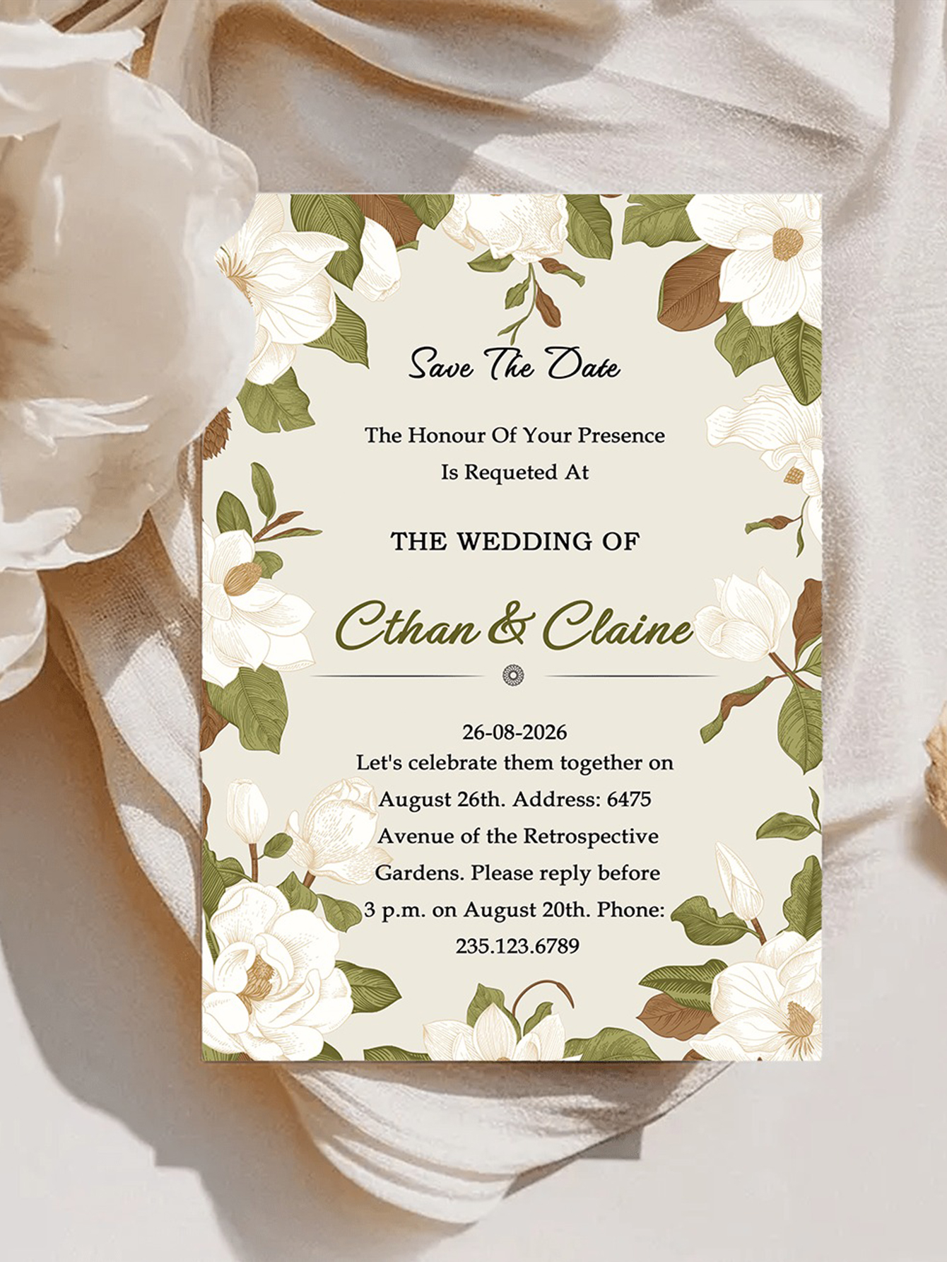 Custom Floral Wedding Invitation – Personalized Text & Date